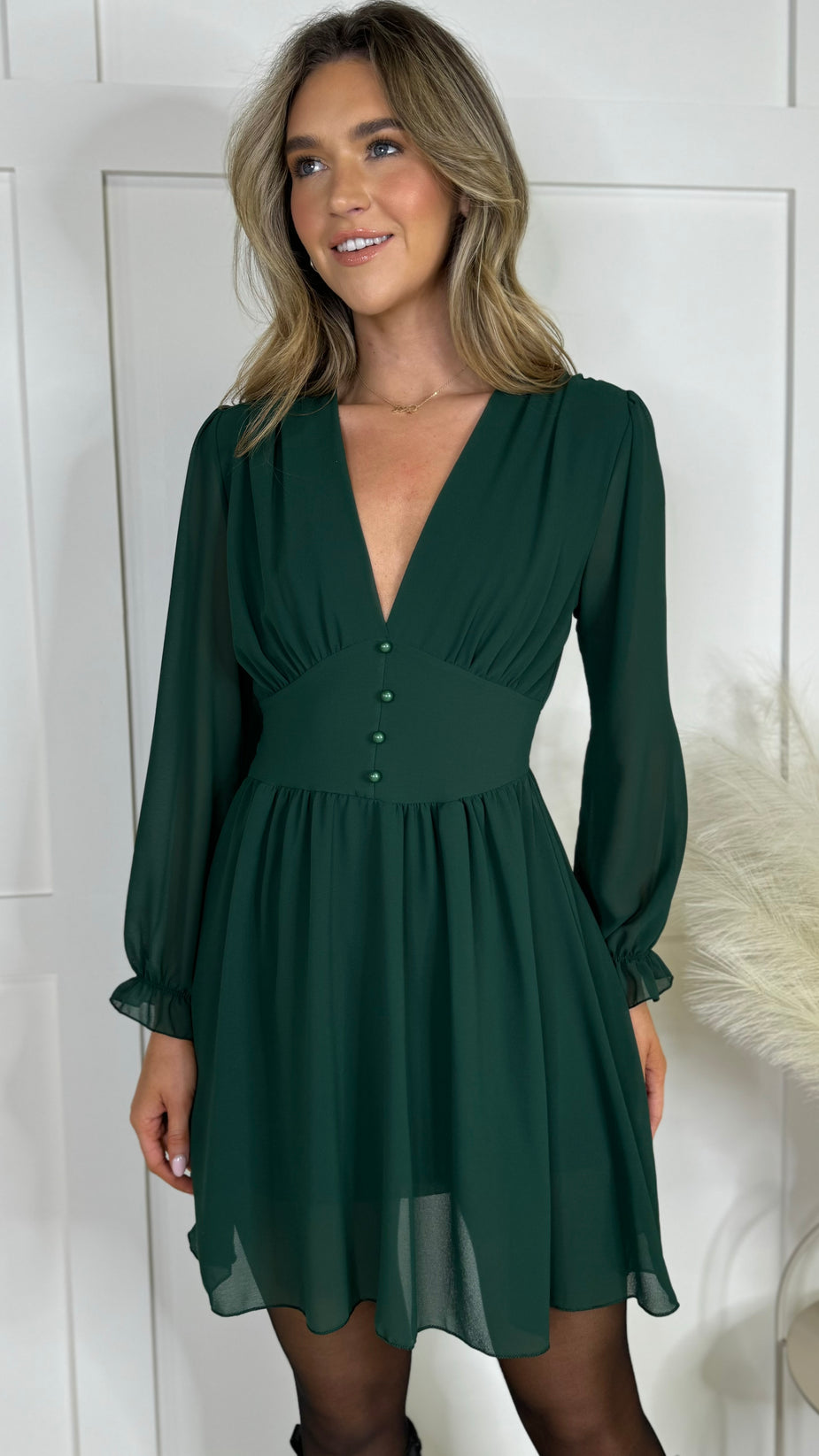 Sylvia Forest Green V Neck Mini Dress – Get That Trend