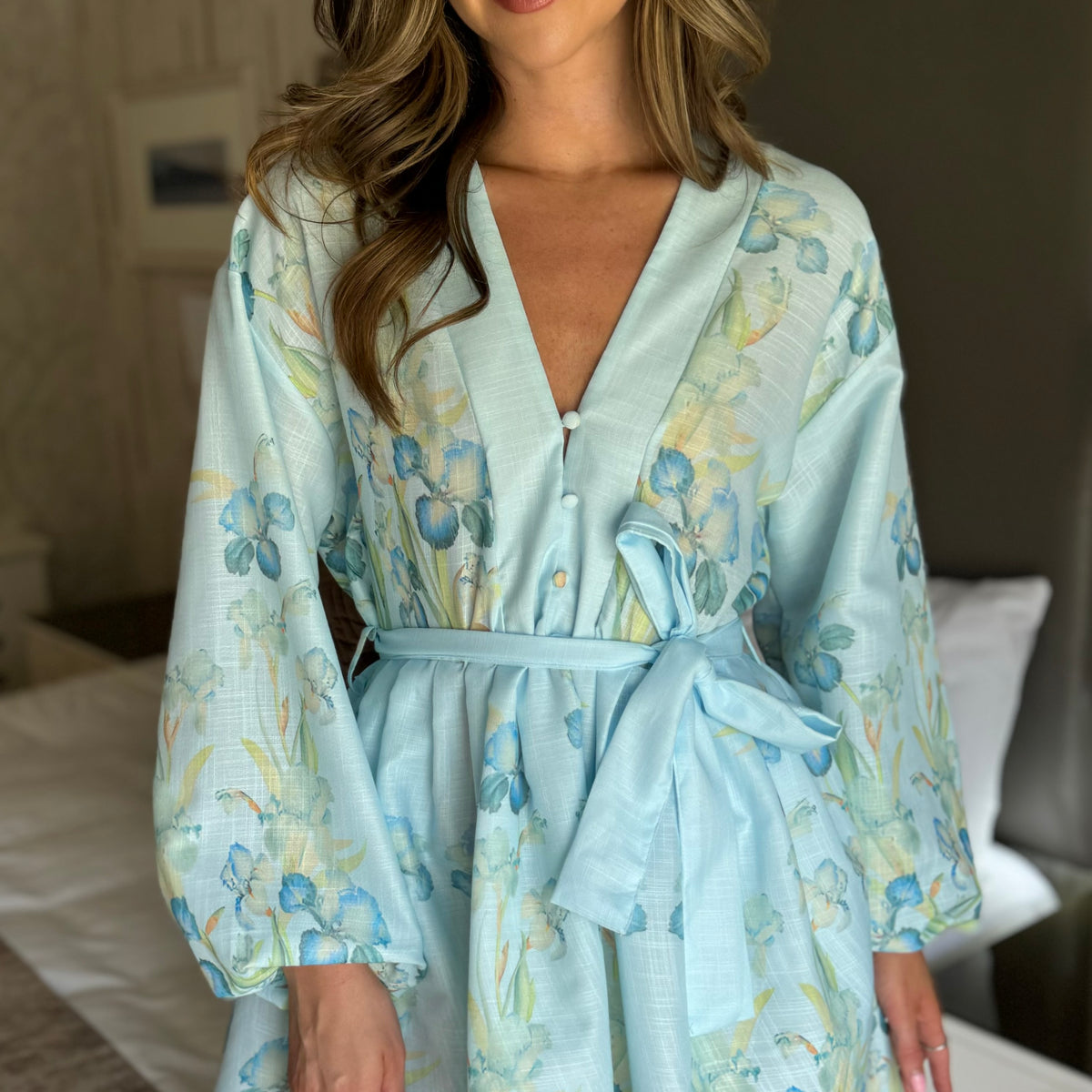 Duffy Blue Floral Print V Neck Long Sleeve Mini Dress – Get That Trend