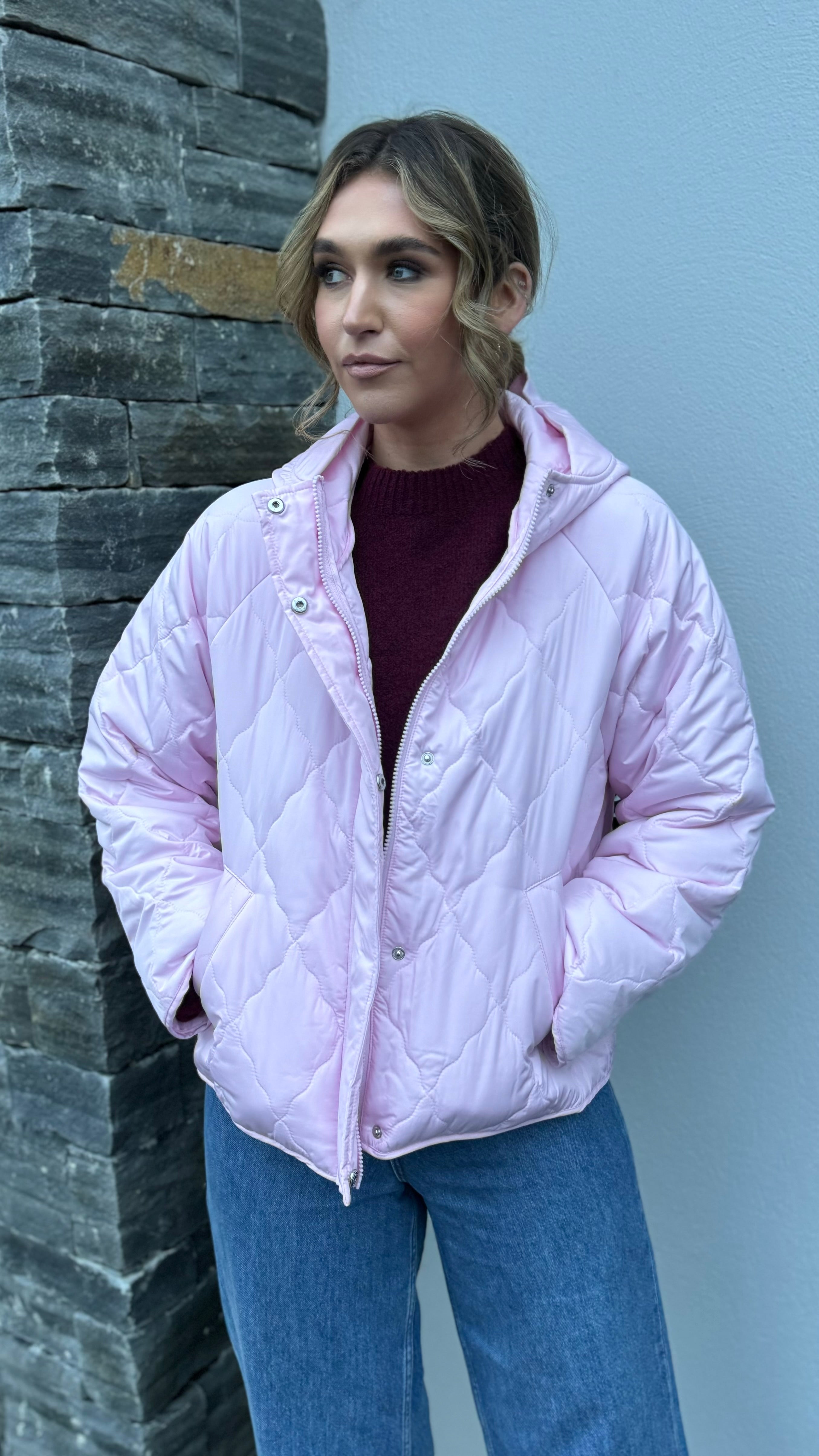 Deborah Baby Pink Hooded Quilted Jacket – Get That Trend