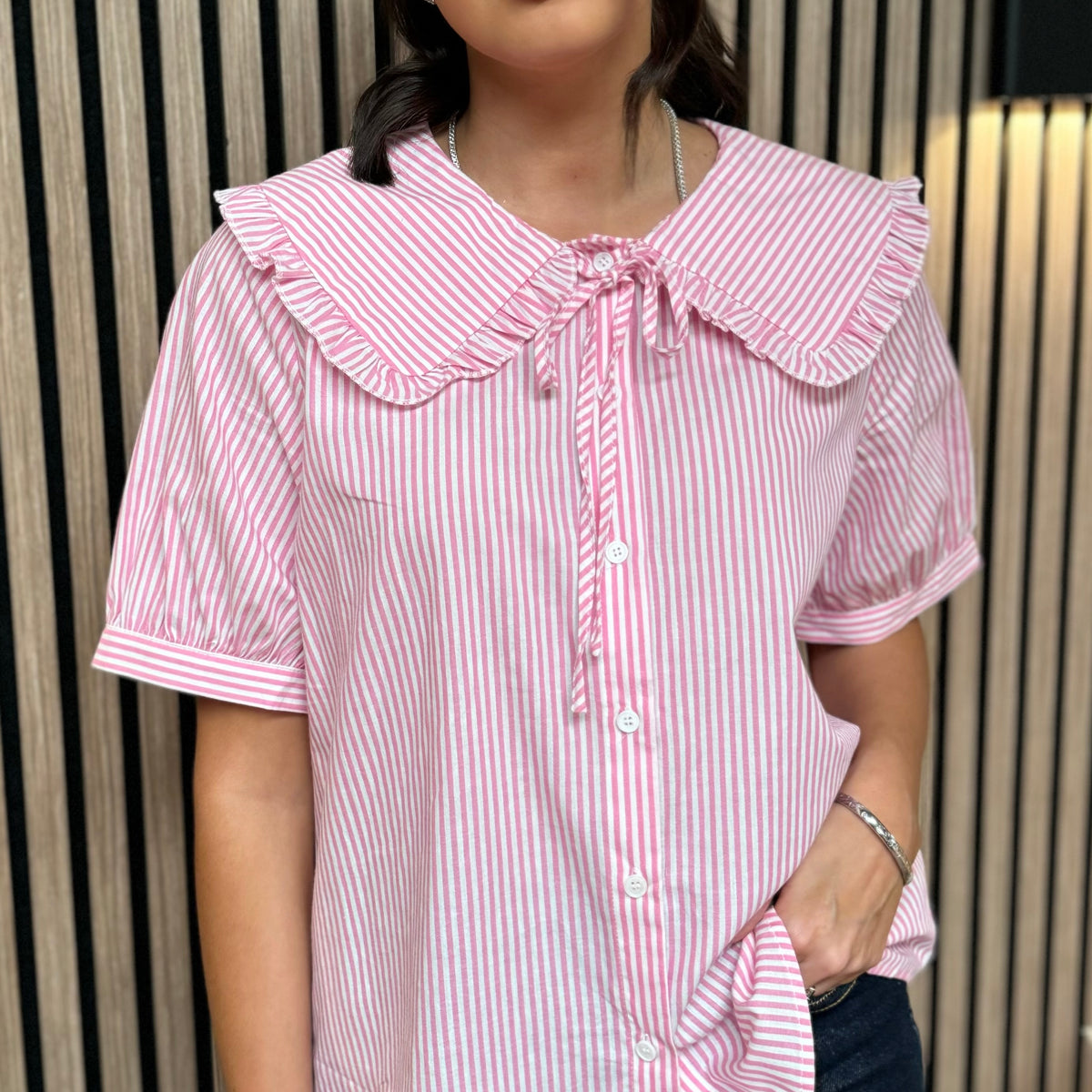 Colleen Pink & White Striped Collared Top – Get That Trend