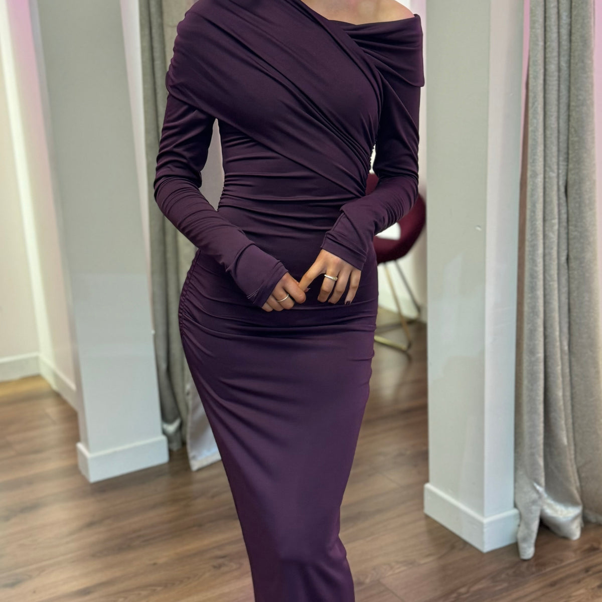 Sheridan Purple Off Shoulder Wrap Effect Midi Dress – Get That Trend